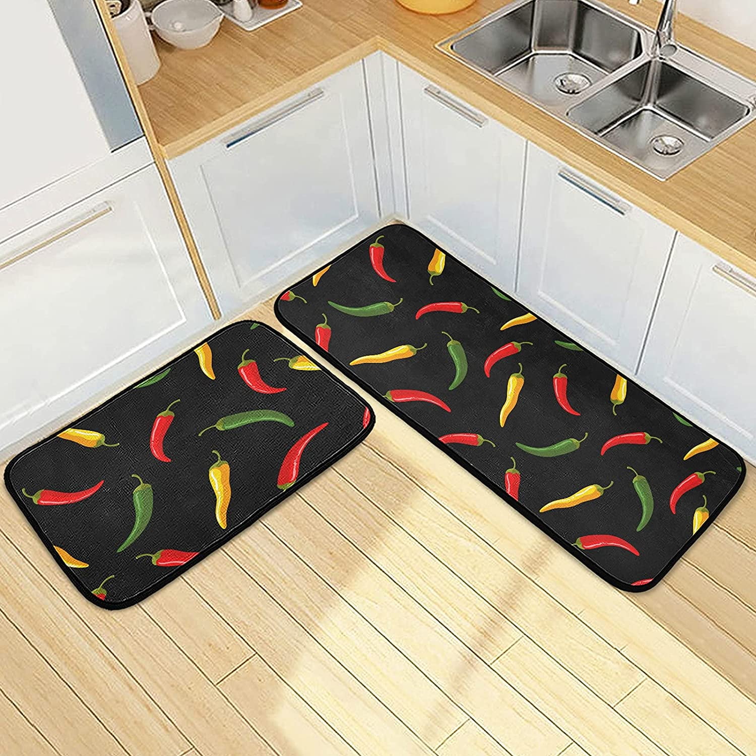 Kitchen Rugs Mats 2 Pieces, Colorful Chili Pepper Cushioned Kitchen Mat ...