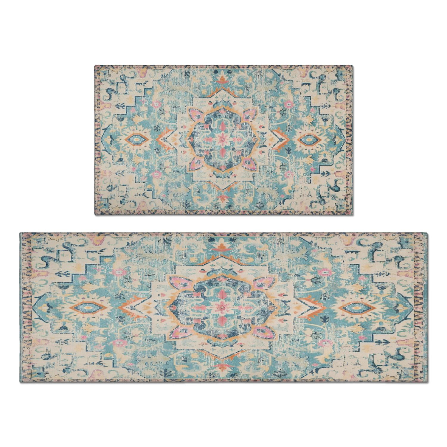 Kitchen Rugs and Mats Non Skid Washable Bohemian Light Blue Carpet ...