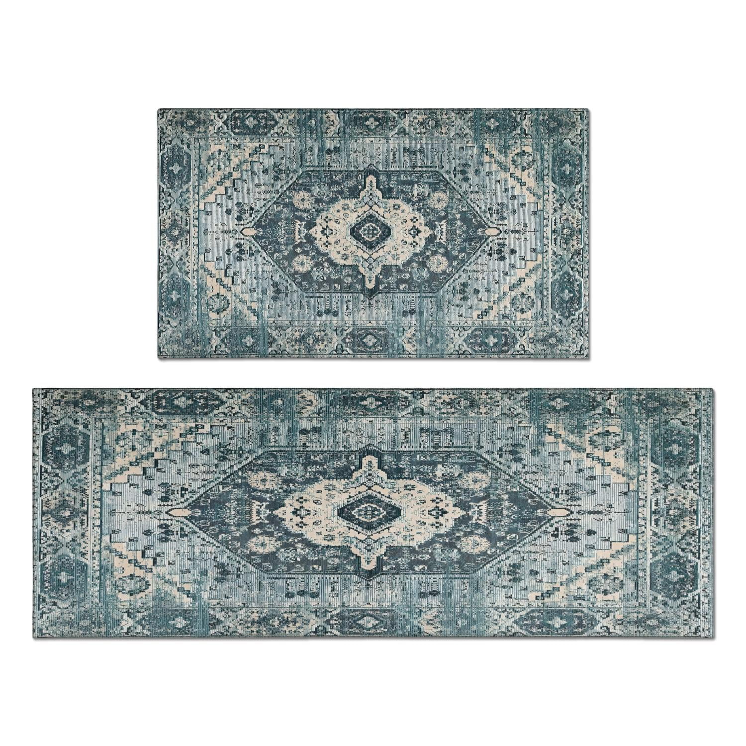 Kitchen Rugs and Mats Non Skid Washable Boho Blue Vintage Carpet ...