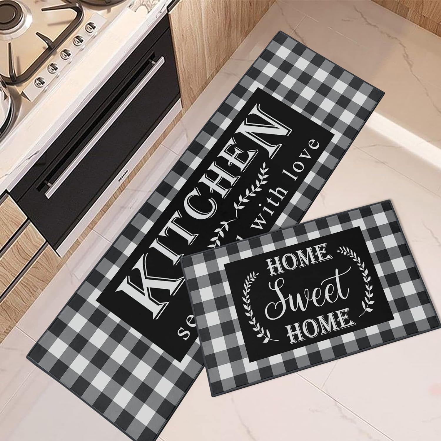 Kitchen Rugs and Mats Non Skid Washable Set of 2, Black White Buffalo ...