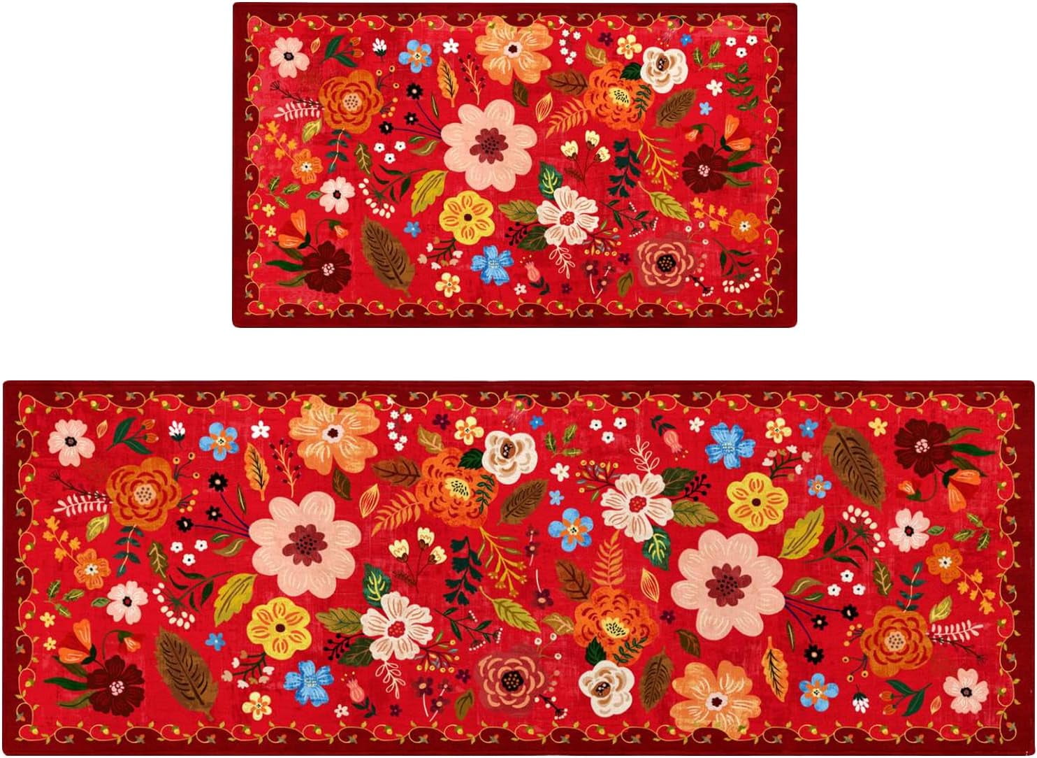 Kitchen Rugs and Mats Non Skid Washable Set of 2,Boho Floral Modern ...