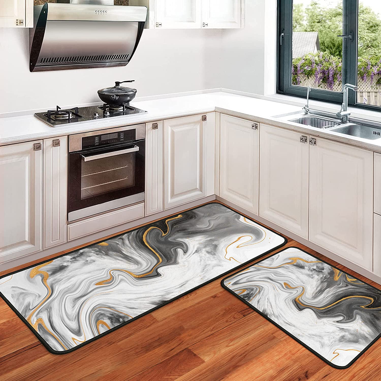 Kitchen Rugs and Mats Non Skid Washable, White Marble Kitchen Rug Mat ...