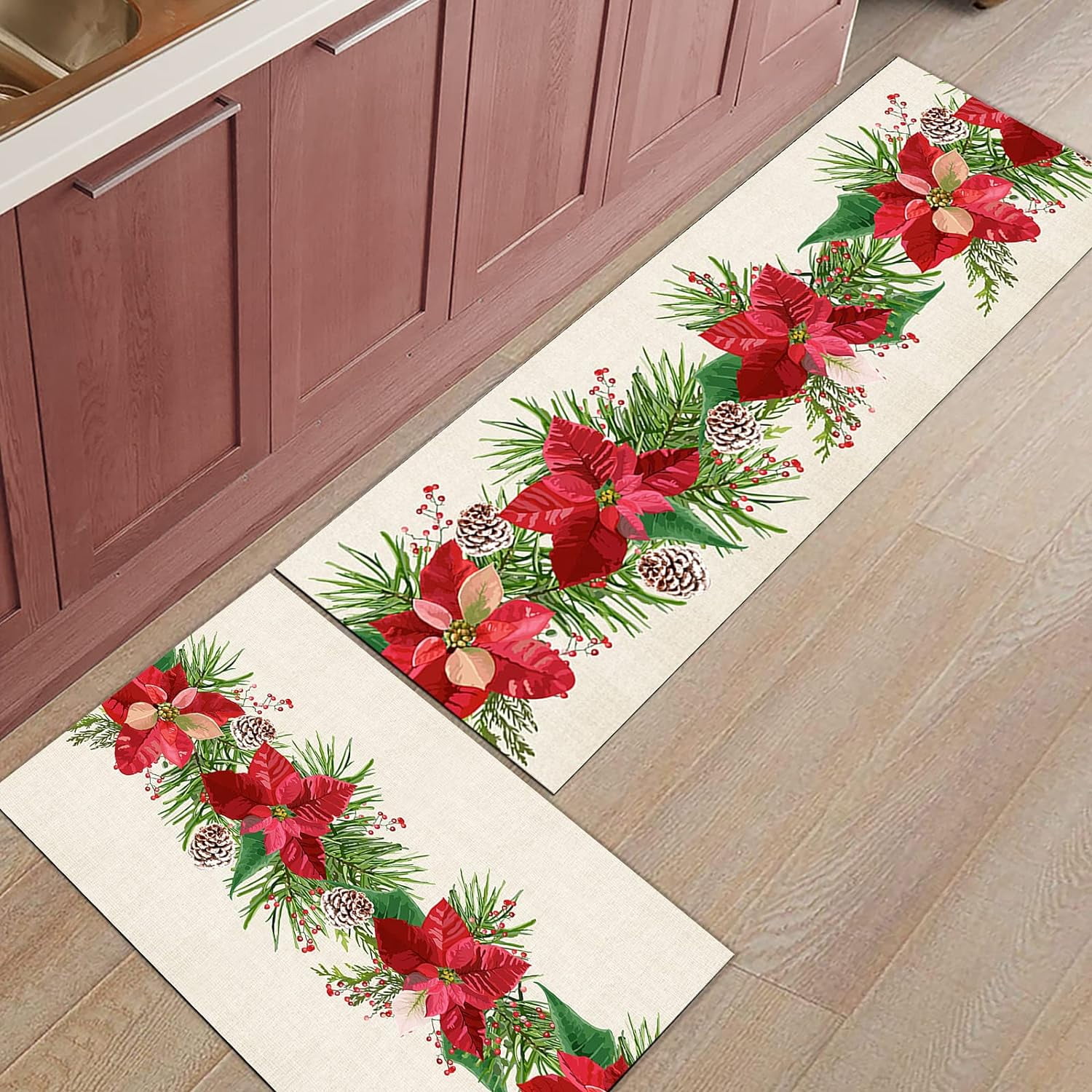 Kitchen Rugs and Mats Set of 1 Christmas Poinsettia Xmas Flower Pine ...