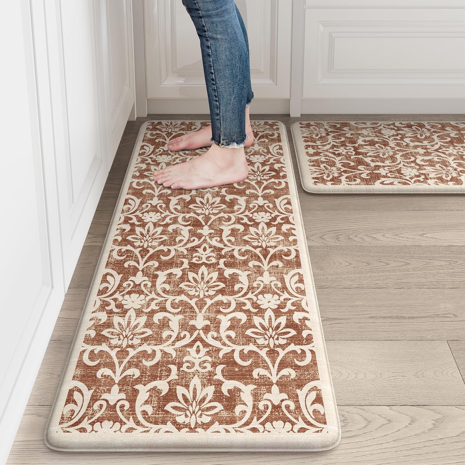 Kitchen Rugs Non Slip, Cushioned Kitchen Floor Mats Set of 2, Red Anti ...