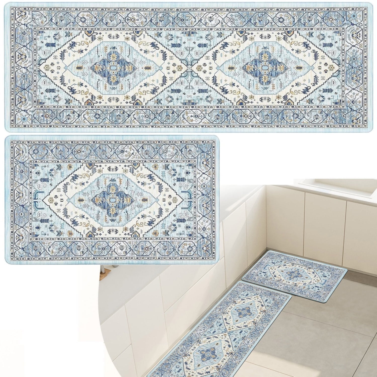 Yamaziot Kitchen Rugs Runner Set, 18x30 and 18x48 Inches, Waterproof ...