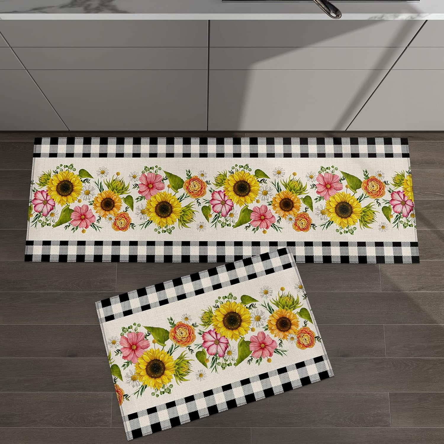 Kitchen Rugs Set of 2 Mats Sunflower Daisy Flower Black Plaid Buffalo ...