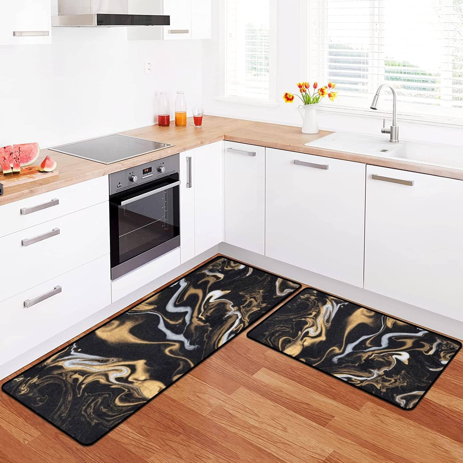 Kitchen Rugs Set Marble Ink Paper Texture Black Silver Gold Kitchen Mat ...