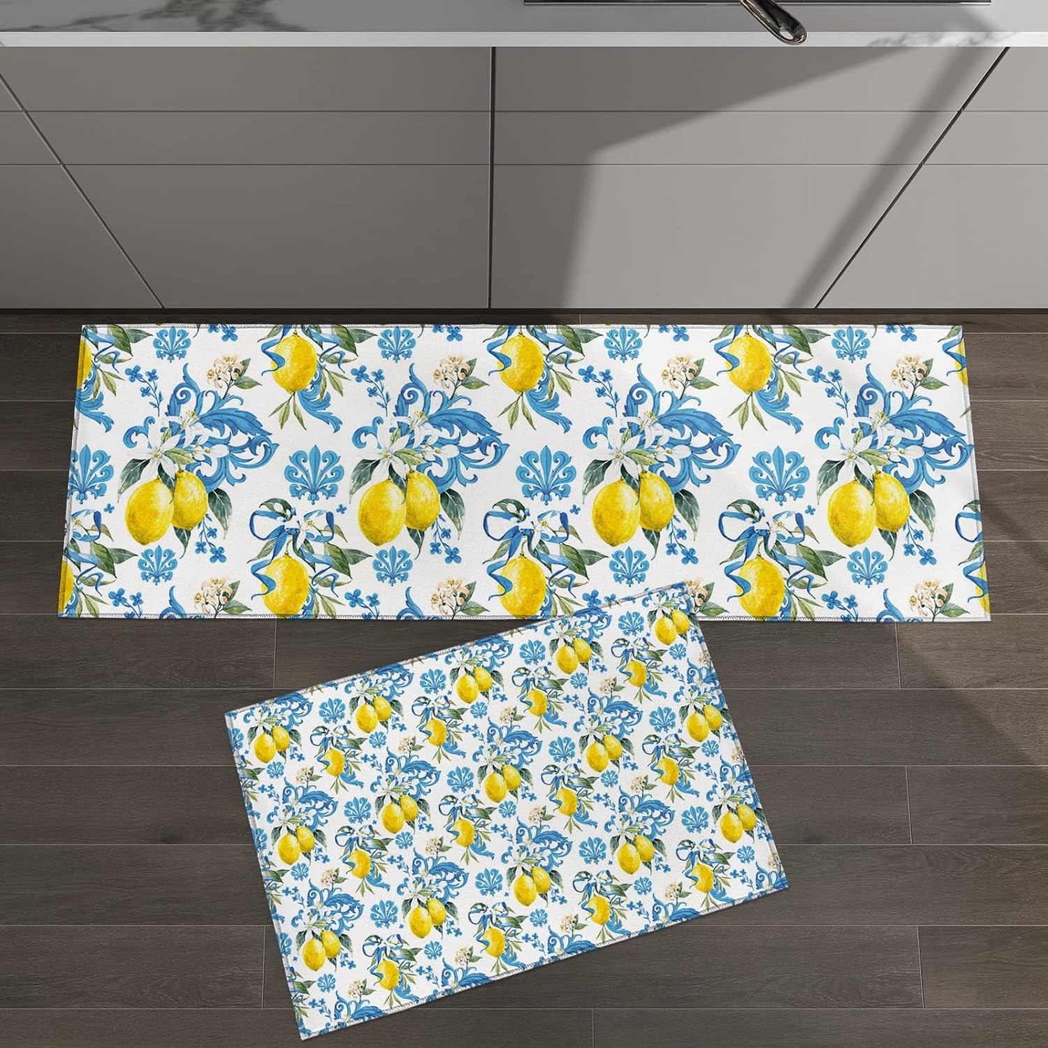 Kitchen Rugs Set of 2 Mats Lemon Blue Leaves Summer Watercolor Art for ...
