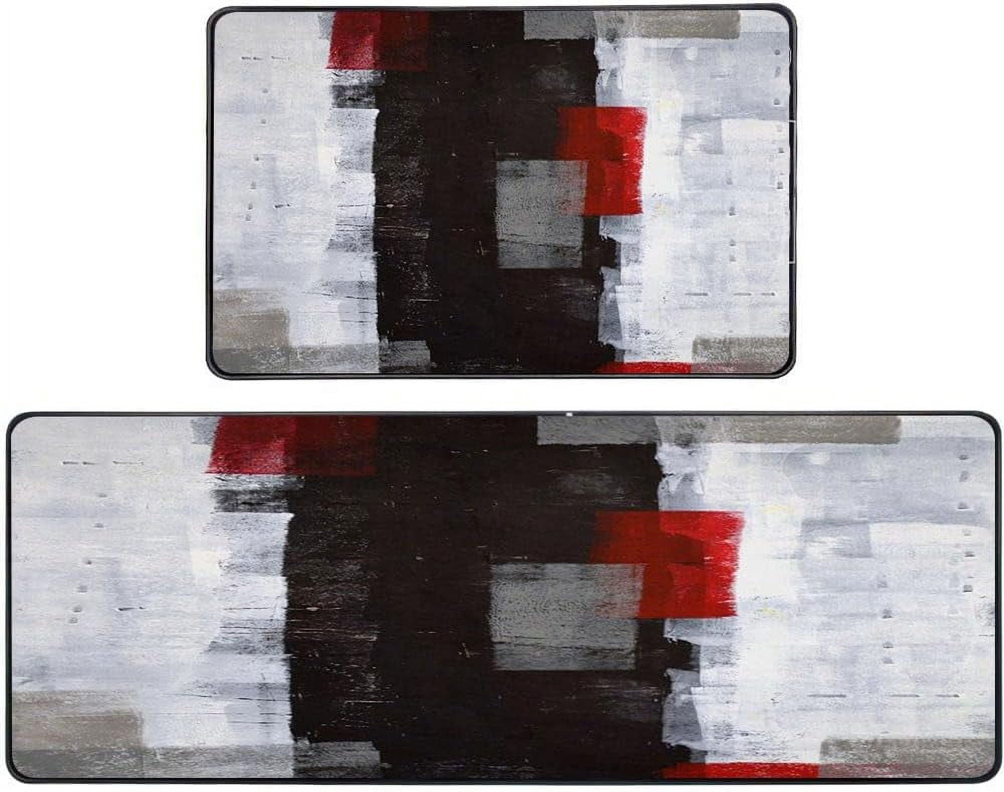 Kitchen Rugs Sets 17"x48"+17"x30" Area Rugs Red and Grey Abstract Art ...