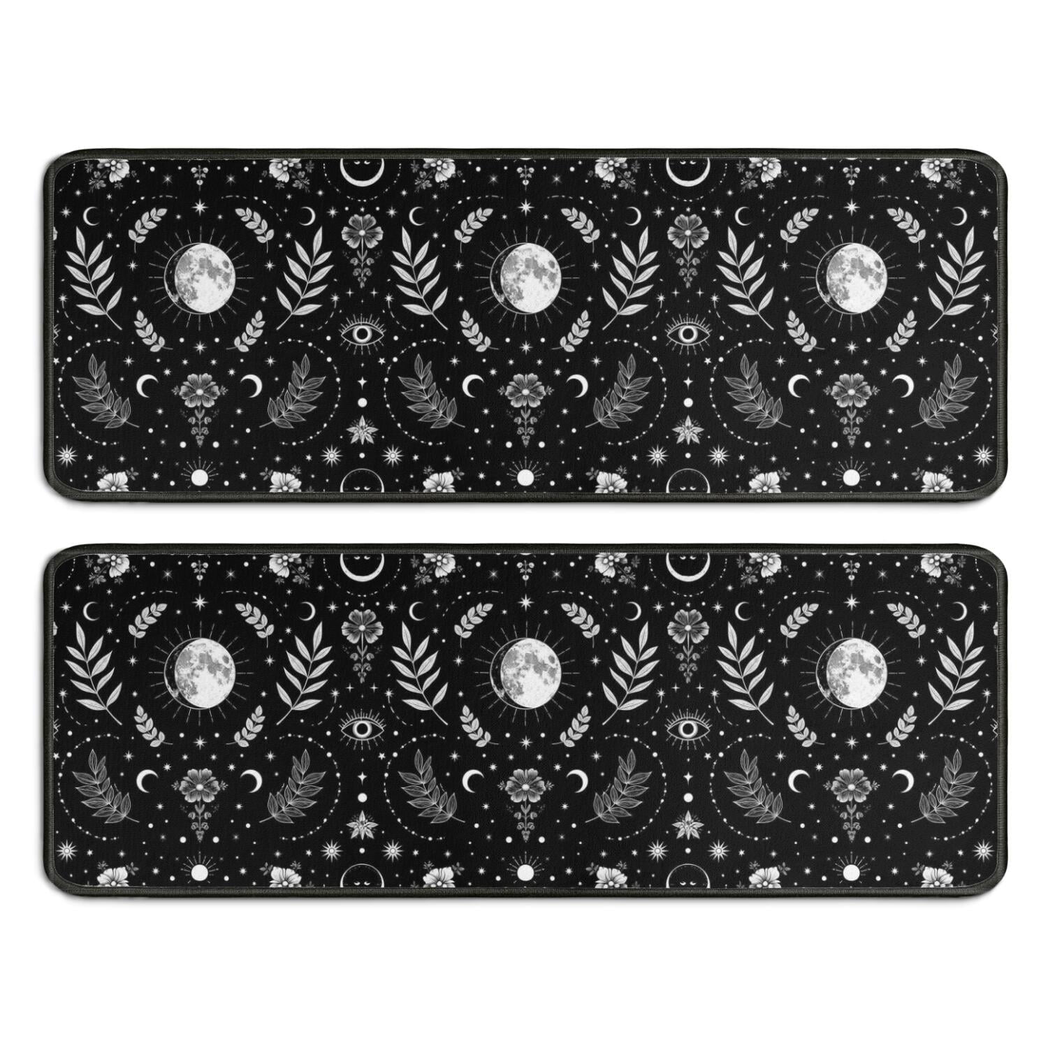 Kitchen Rugs Sets Of 2,Black White Moon Leaf Flower Eye Pattern Anti ...