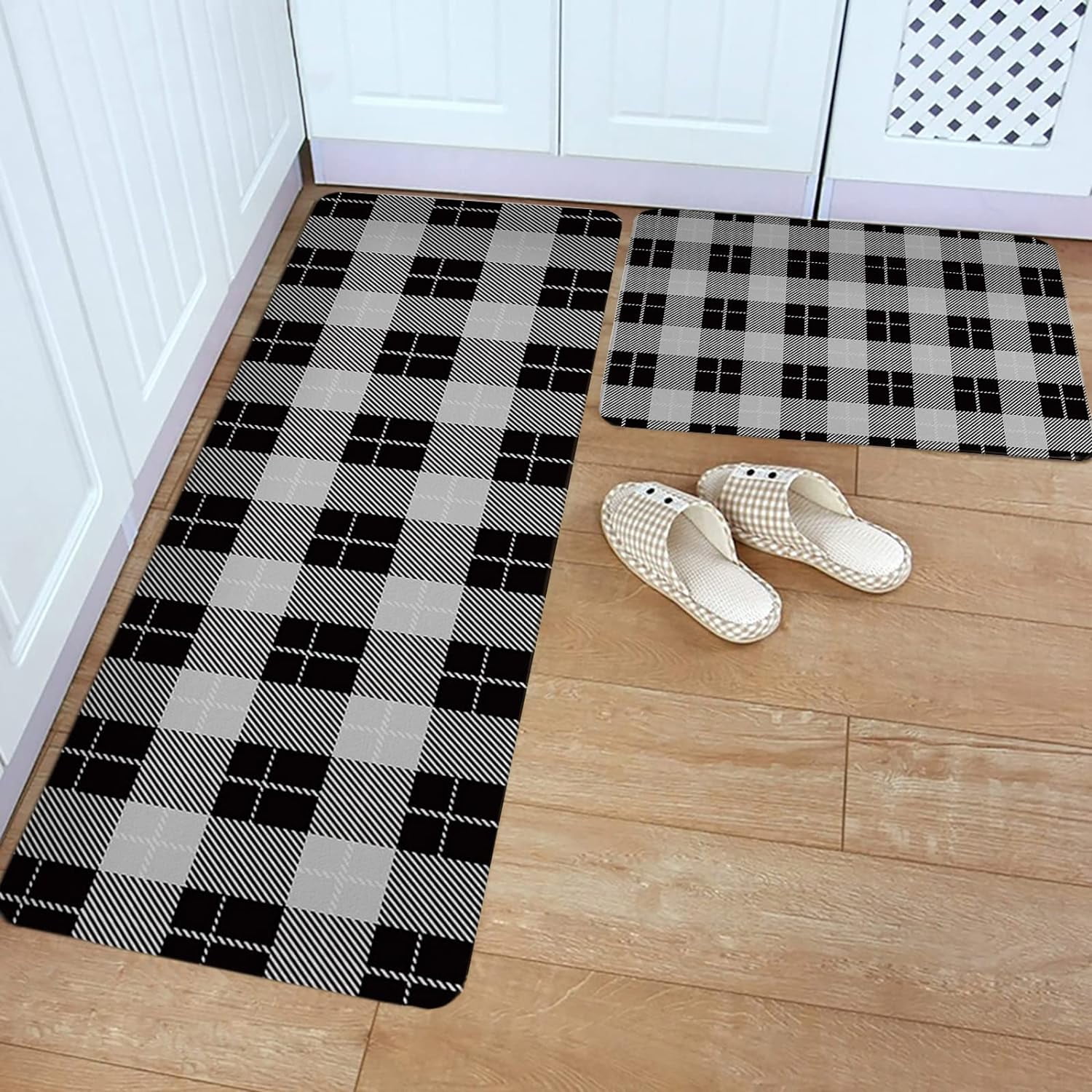 Kitchen Rugs Sets 2 Pces, Black White Gingham Buffalo Check Plaid Floor ...