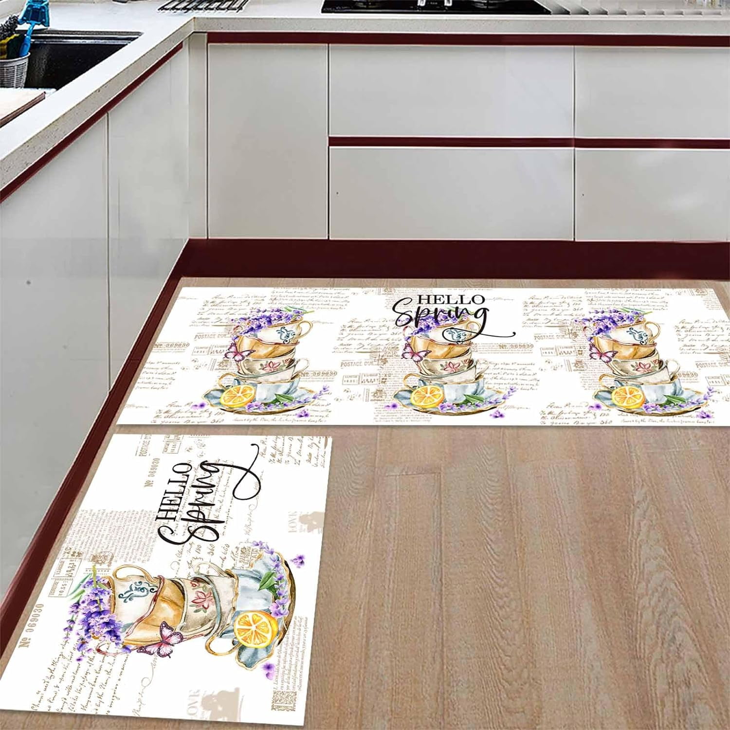 Kitchen Rugs, Spring Summer Lavender Flower Teacup Lemon Coffee Cup Non ...