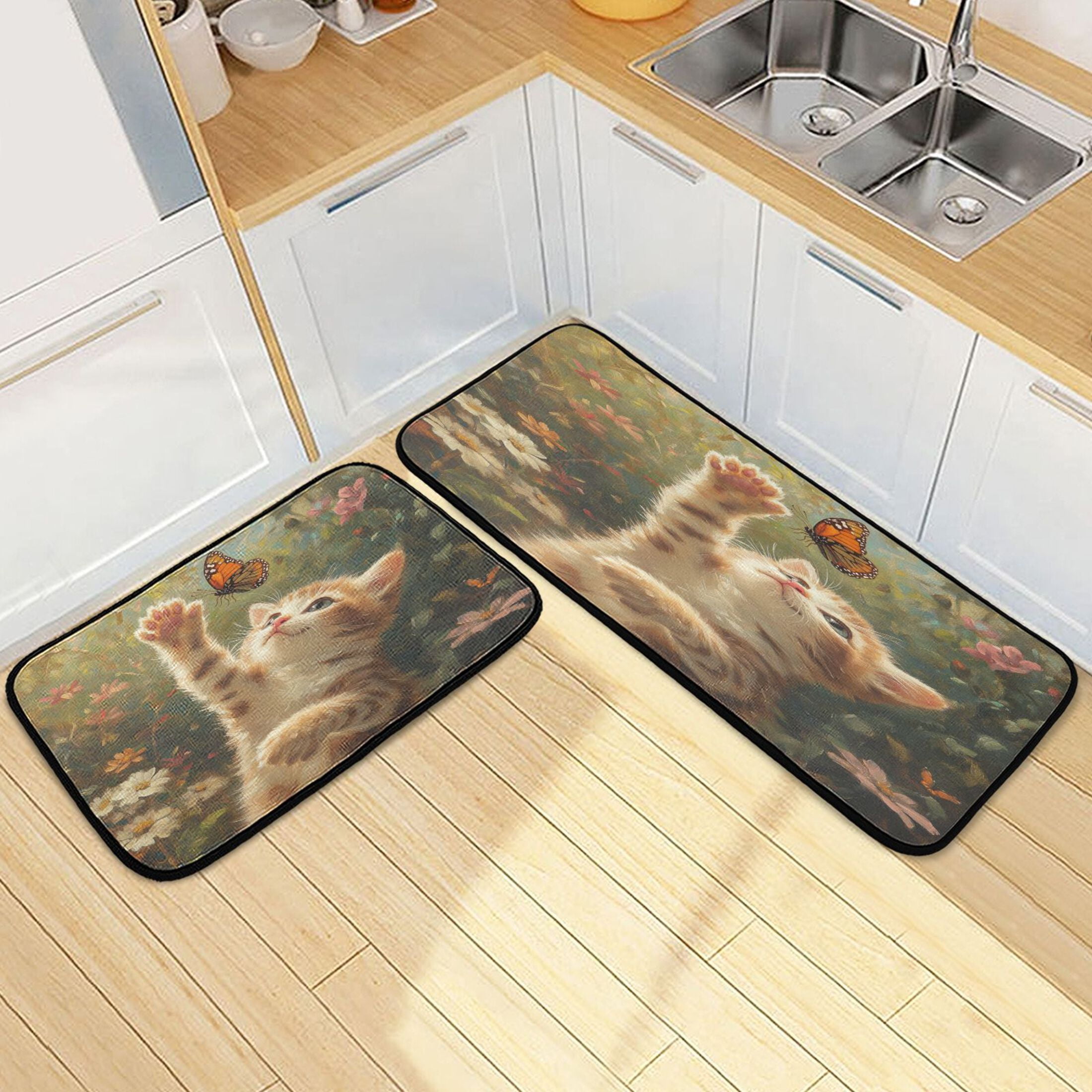 Kitchen Rugs and Mats【2 PCS】Non Skid Cat Play with Butterfly Creative ...