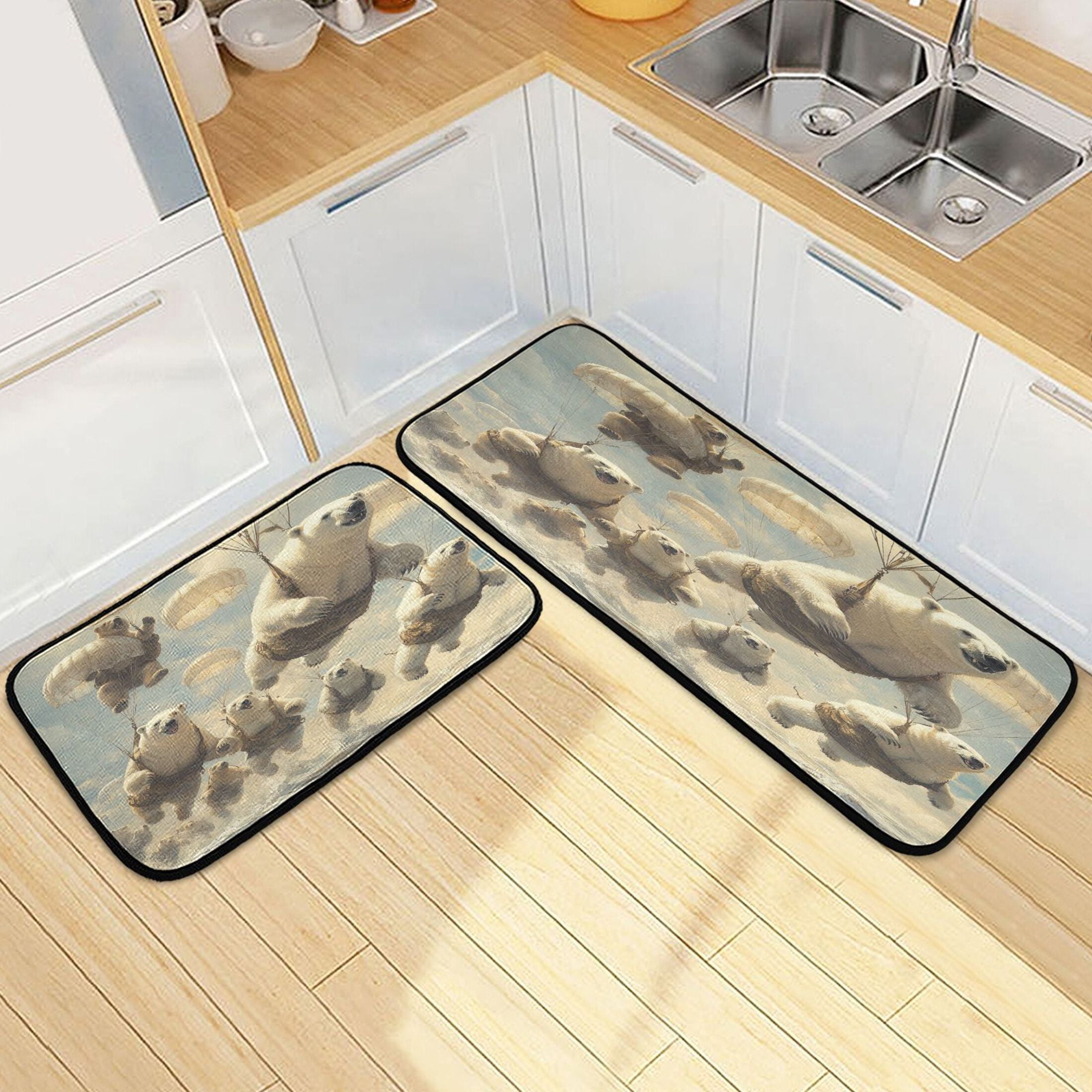 Kitchen Rugs and Mats【2 PCS】Non Skid Polar Bears Fly with Parachutes ...