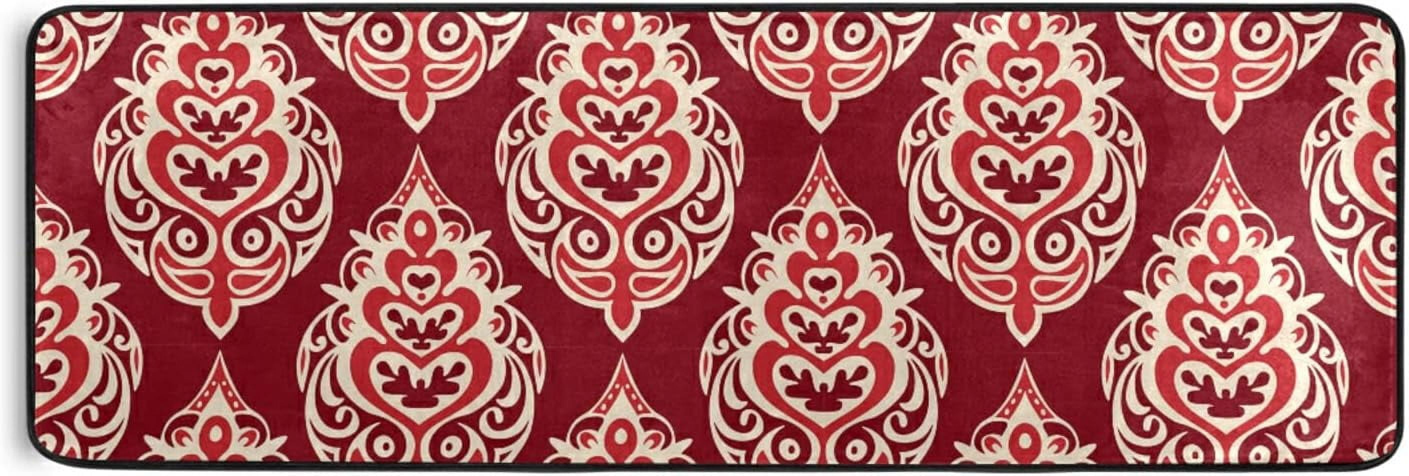Kitchen Rugs and Mats Non-Skid Washable Runner Rugs Red Damask Floral ...