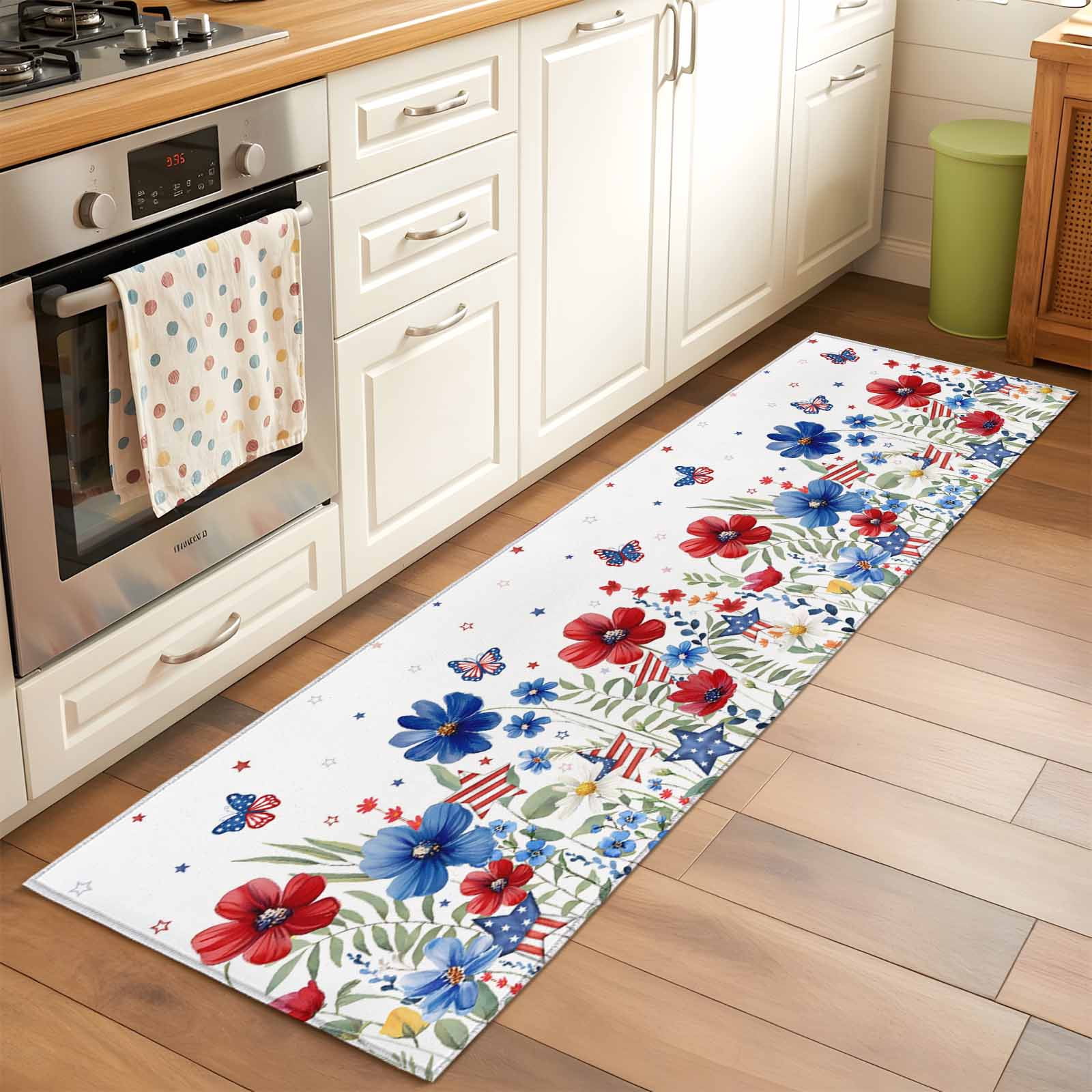 Kitchen Runner Rug Pastoral American Flag Flowers Runner Rugs for ...