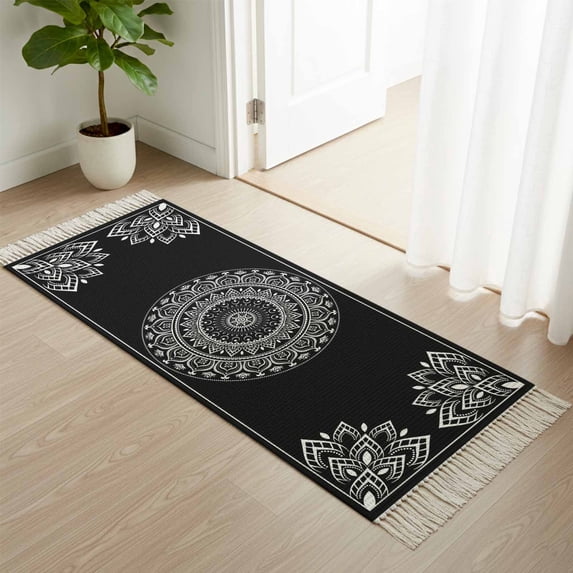 Kitchen Runner Rugs, Boho Flower Black White Stripe 2'x4' Throw Rug ...