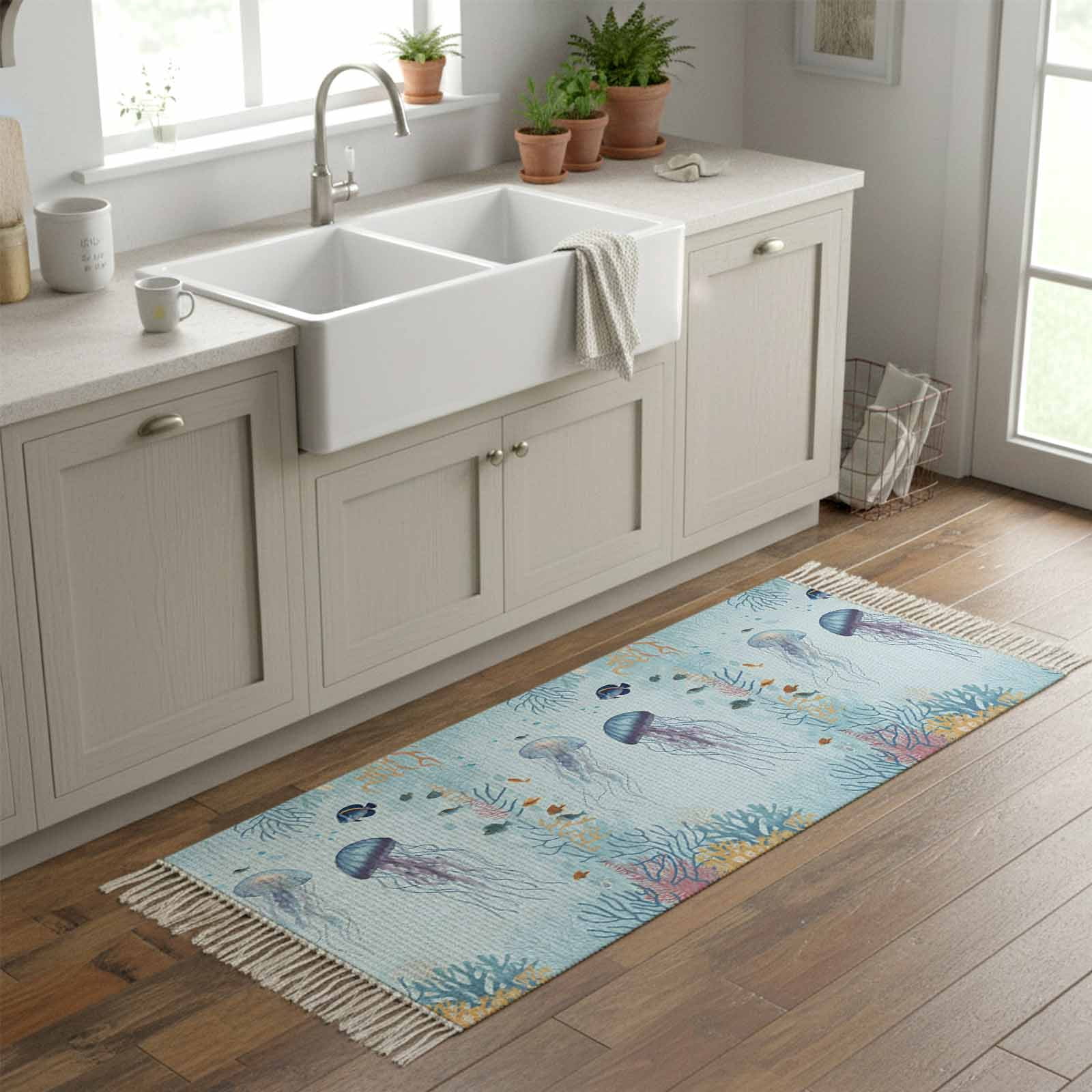 Kitchen Runner Rugs, Watercolor Summer Coastal Jellyfish 2'x6' Throw ...