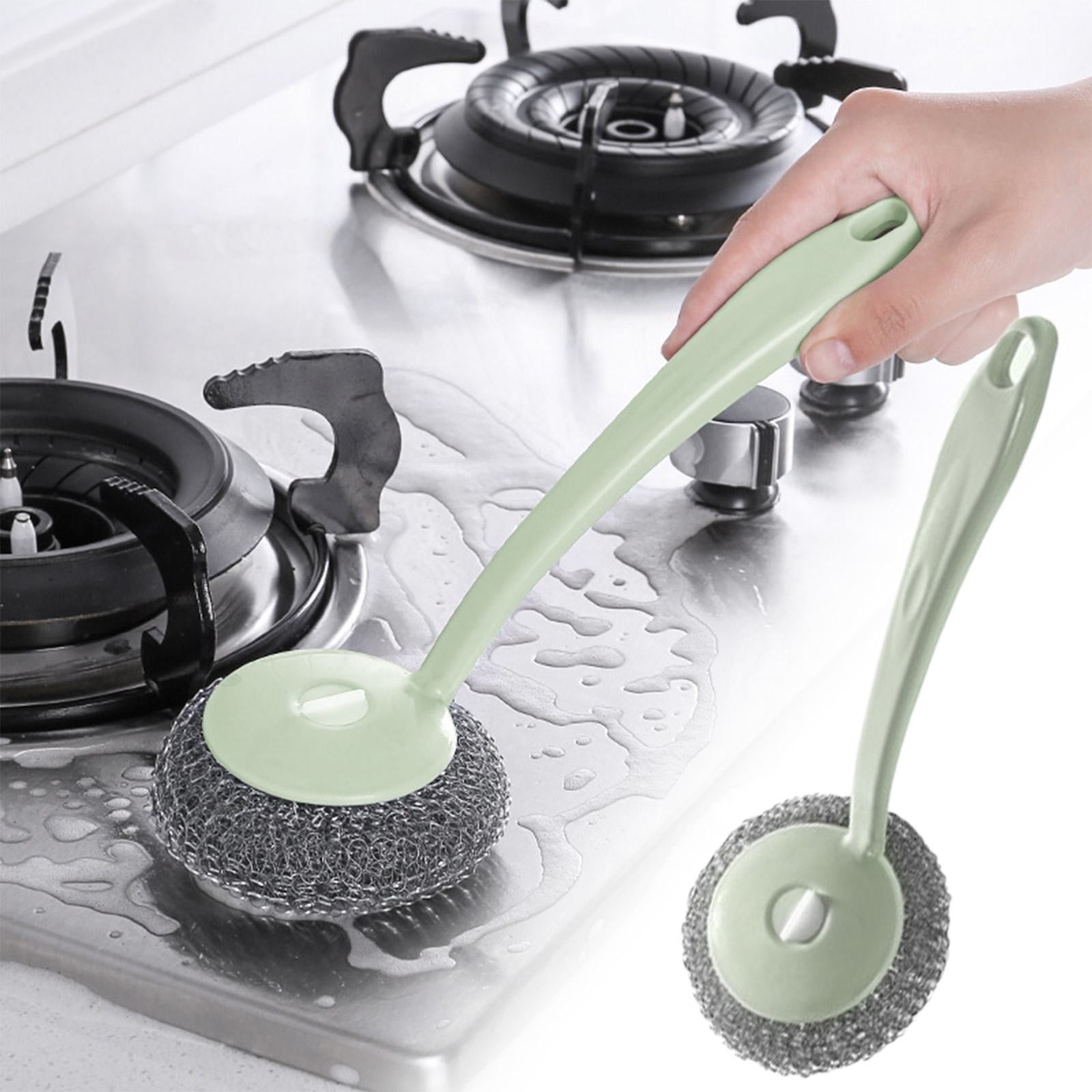 Kitchen Scouring Brush with Handle - 1PC Stainless Steel Wool Sponge ...