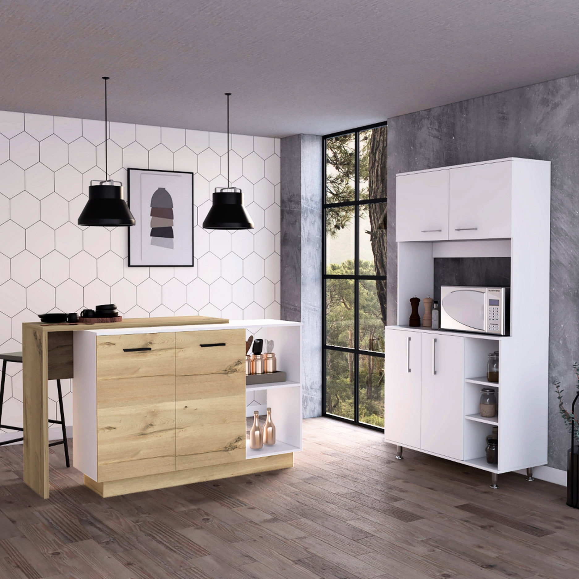 Kitchen Set: Island and Pantry, 6 Doors, 6 Shelves, Light Gray ...
