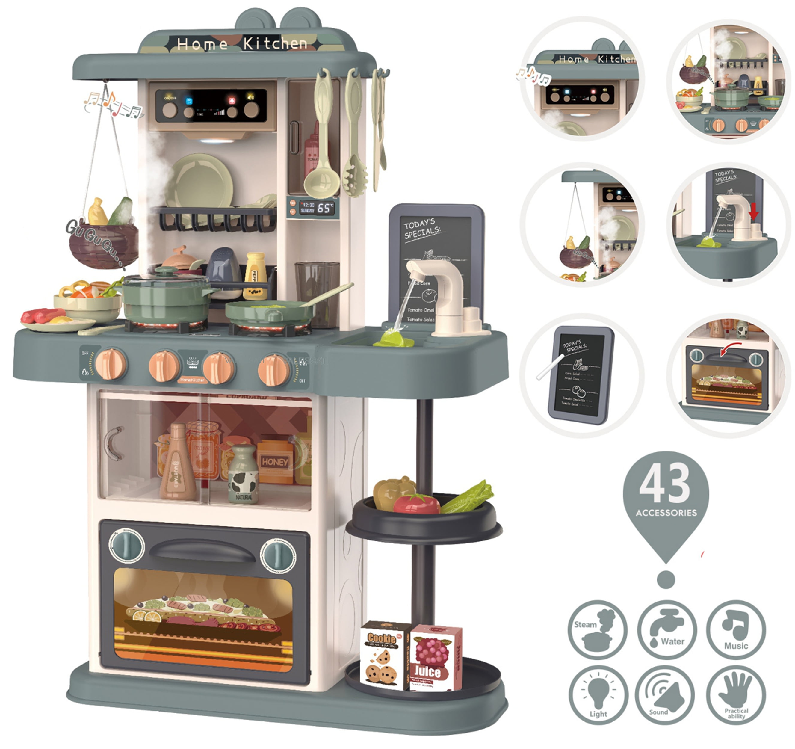 Kitchen Set for Kids 43 Pcs New Model Pretend Play Cook W Light Steam ...