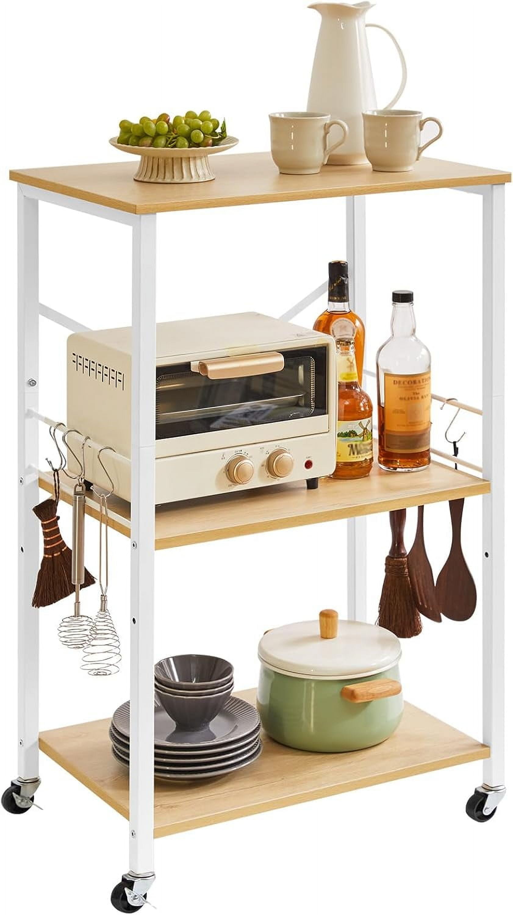 Kitchen Shelf Cart, 3-Tier Microwave Oven Stand, Baker’s Rack with Metal Frame and 8 Hooks ...