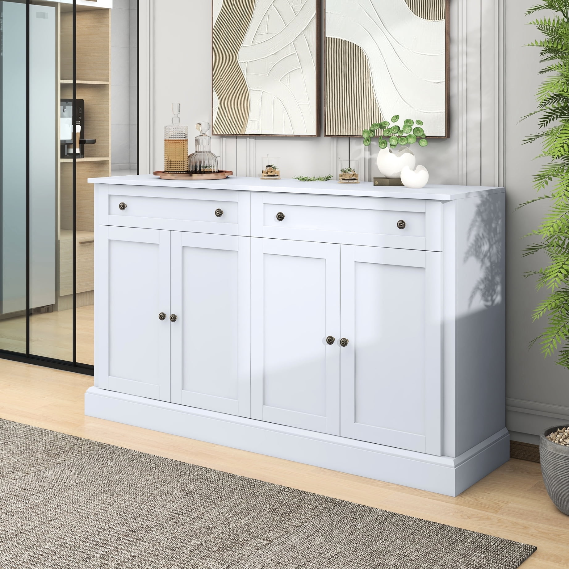 Kitchen Sideboard With 2 Drawers & 4 Doors, White, Adjustable Shelves ...