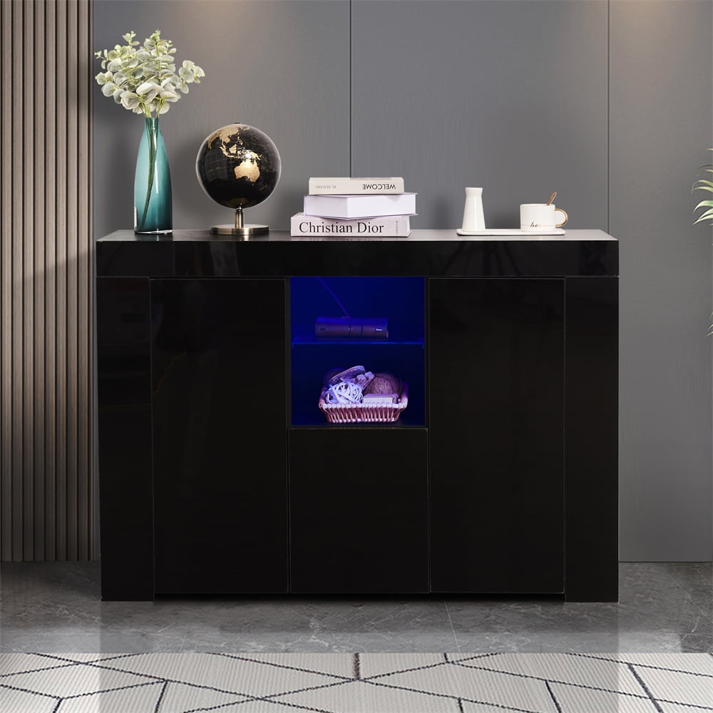 Kitchen Sideboard Cupboard with LED Light, High Gloss Dining Room ...