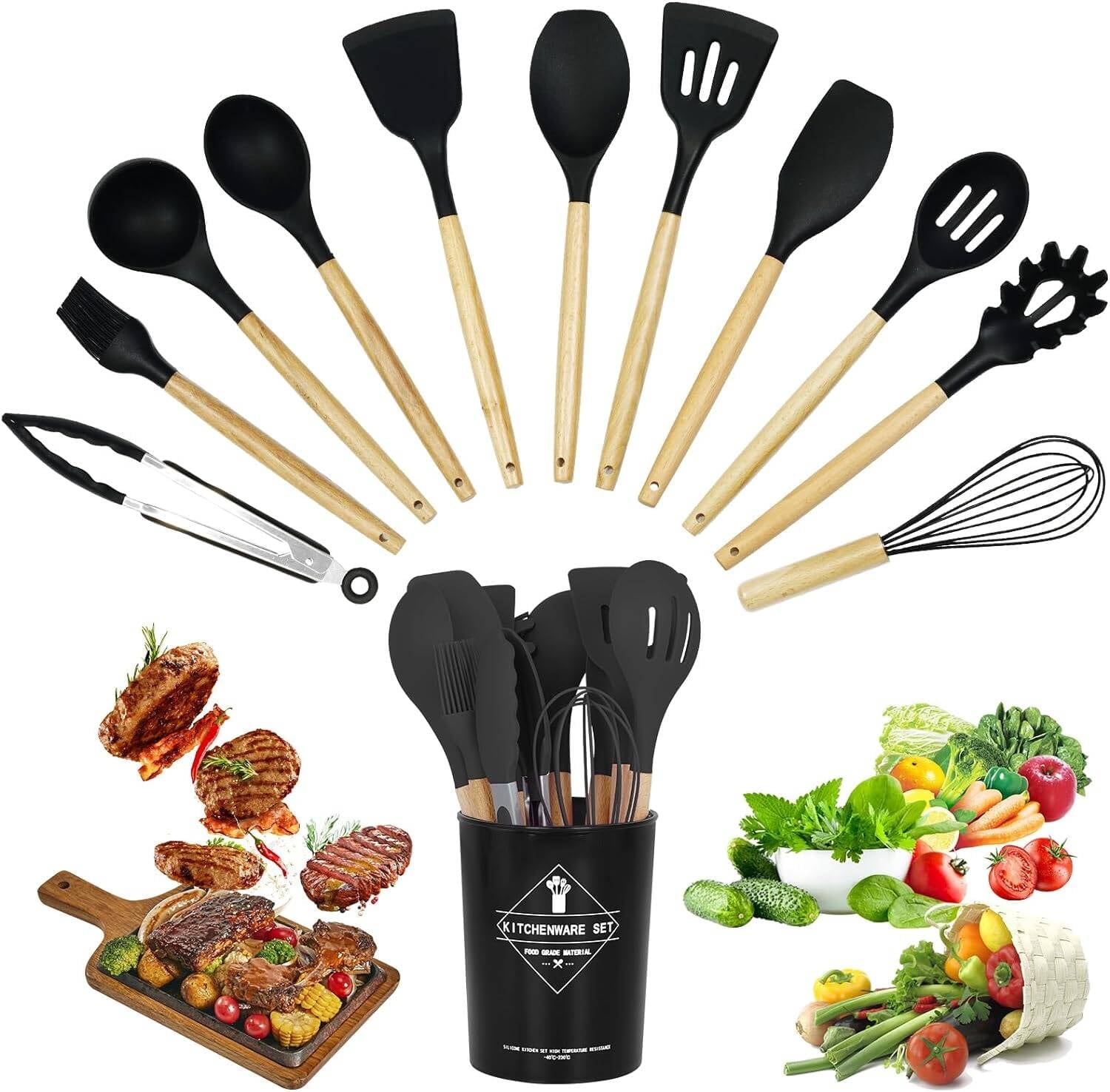 Kitchen Silicone Utensil Set,12 Pcs Non-Stick Silicone Kitchen Cooking ...