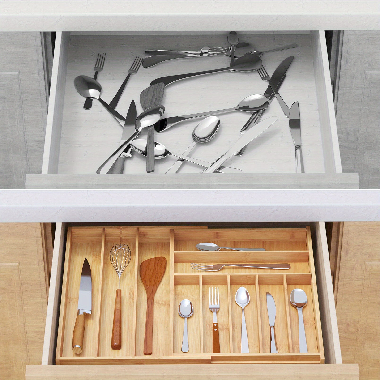 Kitchen Silverware Drawer Organizer with Tags, Expandable Bamboo ...