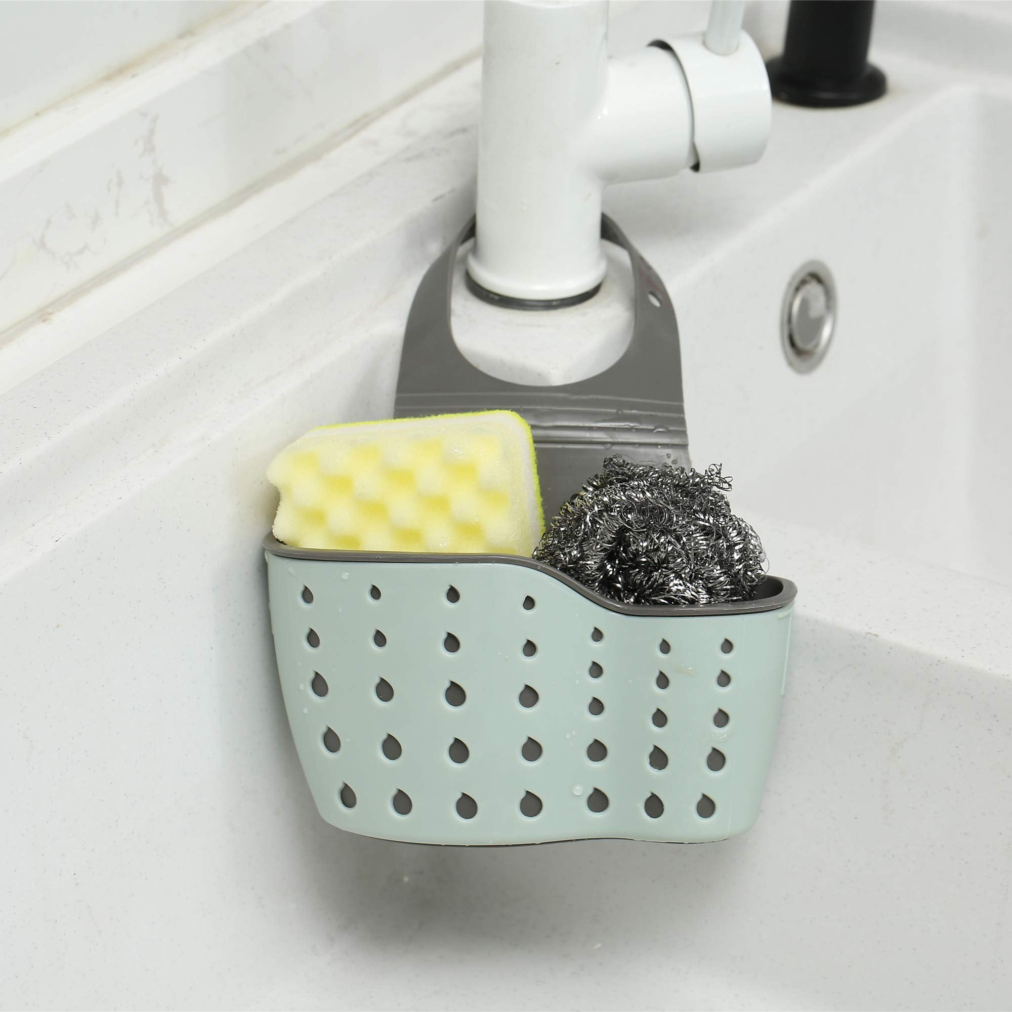 Kitchen Sink Caddy Sponge Holder Silicone Plastic Soap Holder Hanging Ajustable Strap Faucet ...