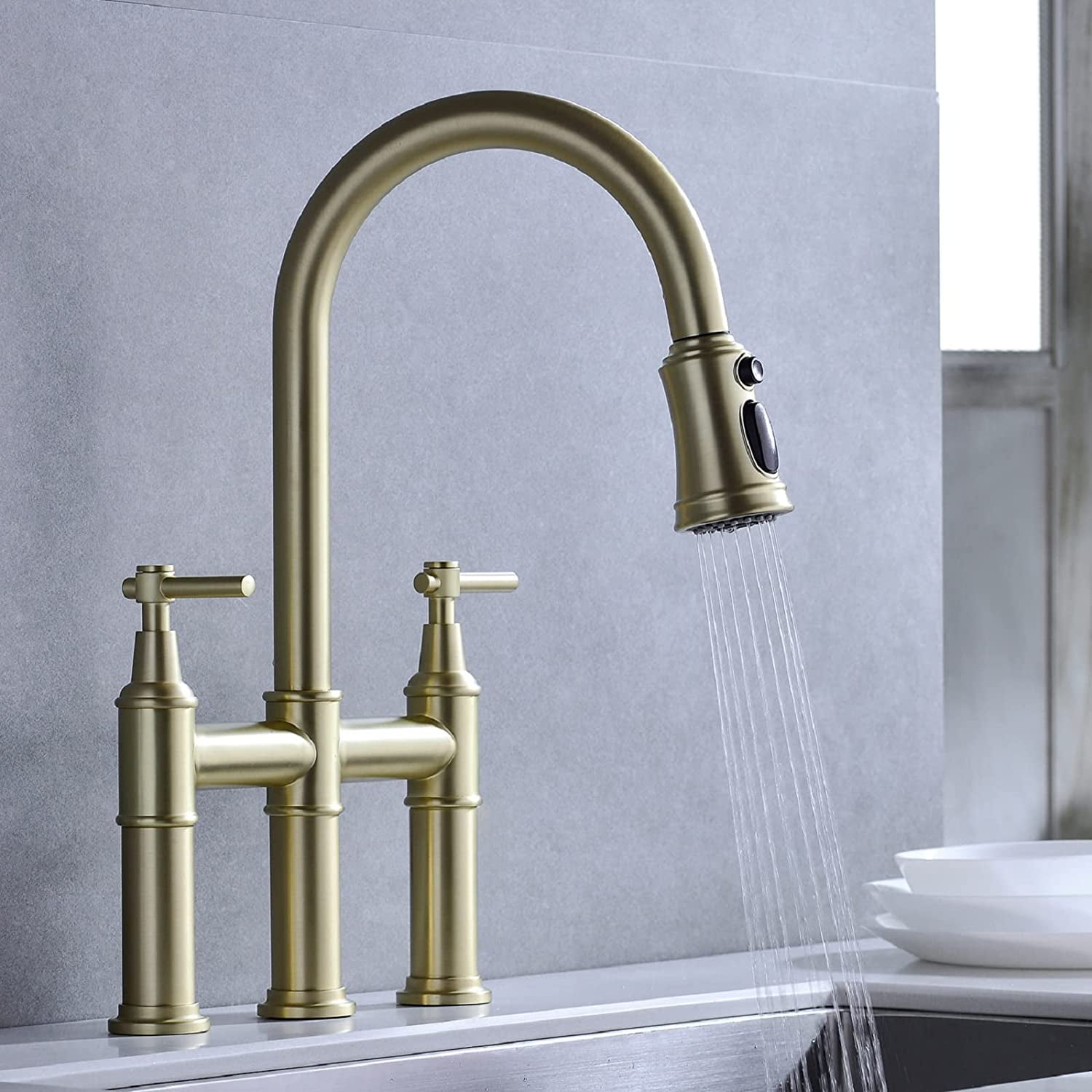 Kitchen Sink Faucet, Multitask Mode Double Handle High Arc Pull Out ...