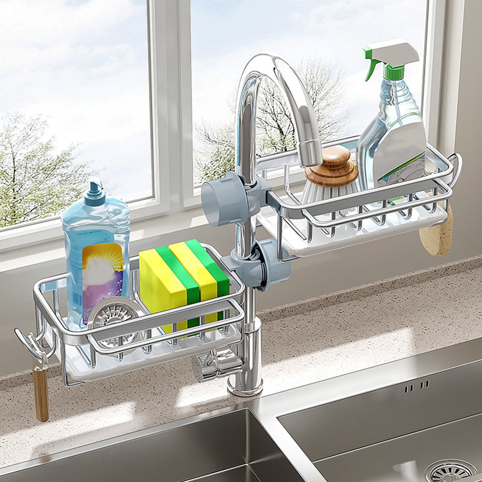 Kitchen Sink Faucet Organizer Rack with Towel Rack Sponge Holder Quick ...