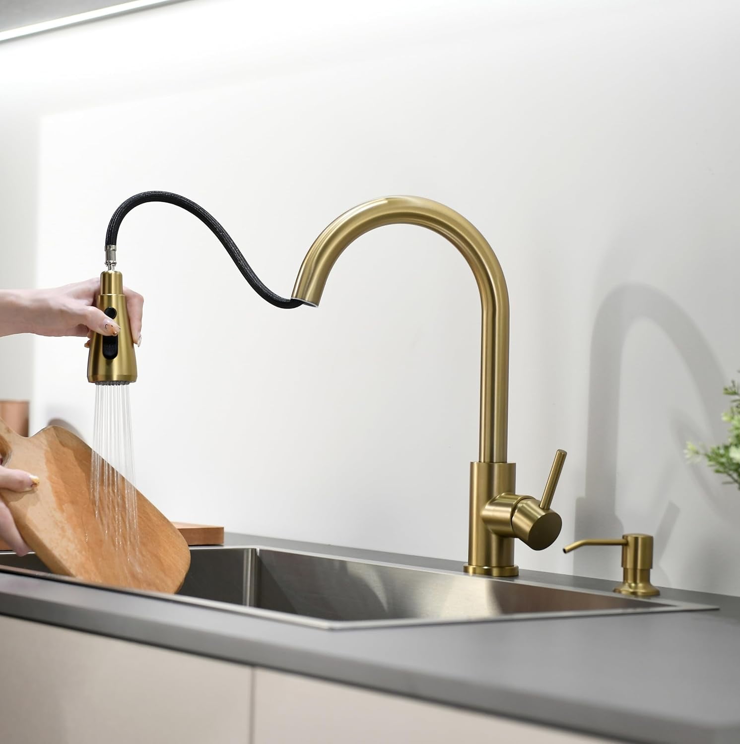 Kitchen Sink Faucet with Soap Dispenser, Brushed Gold Kitchen Faucet ...