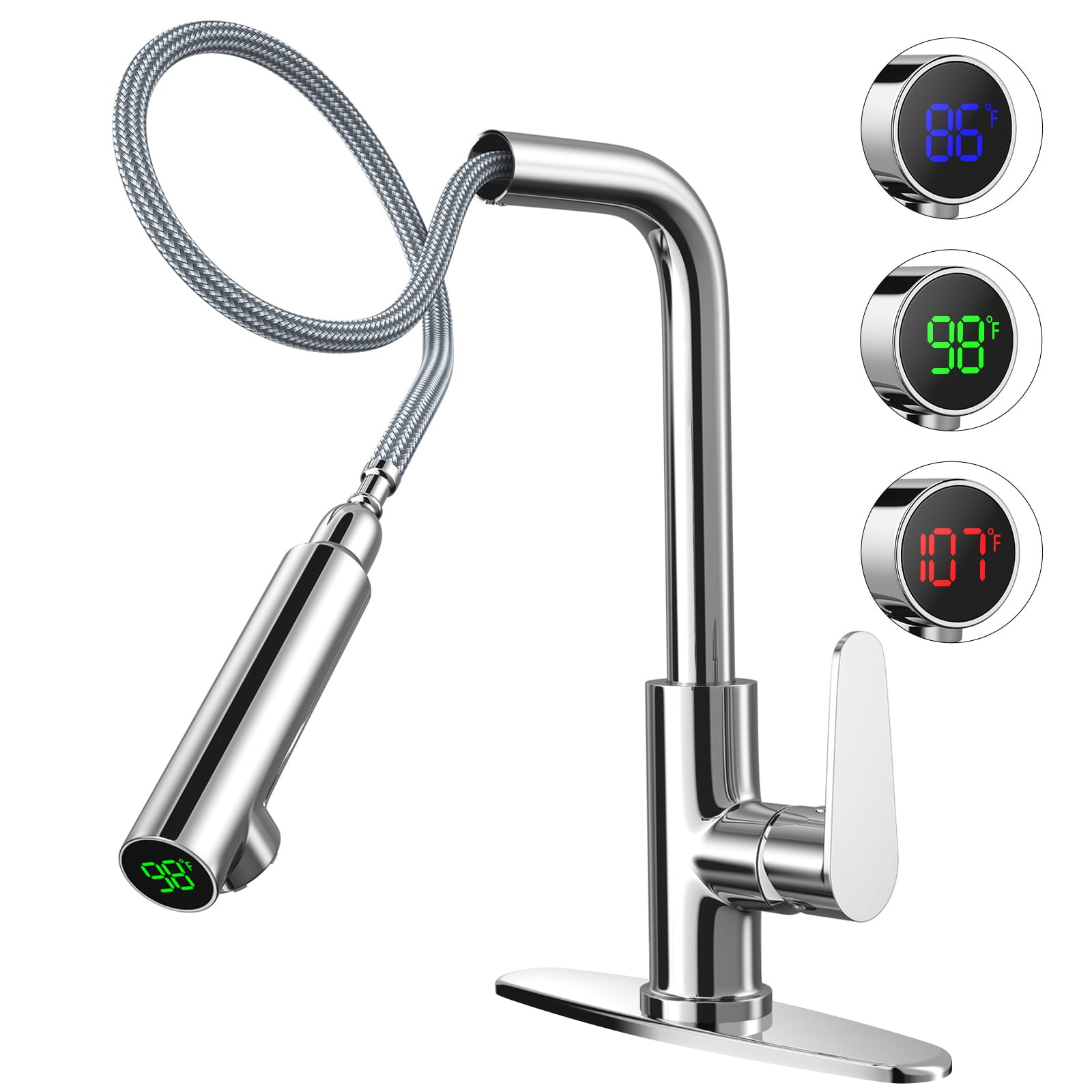 Kitchen Sink Faucet with Pull Down Sprayer, Temperature Display Kitchen ...