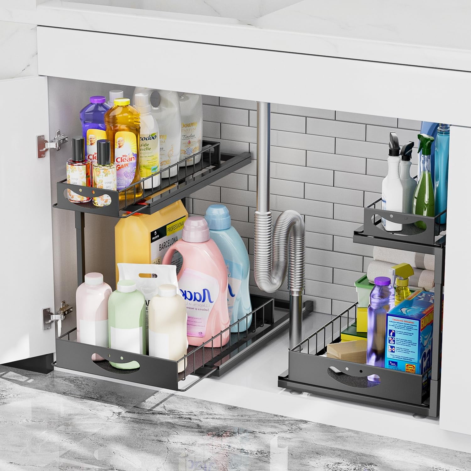 Under Kitchen Sink Organizer, 2 Tier Metal Slide Out Under Cabinet ...