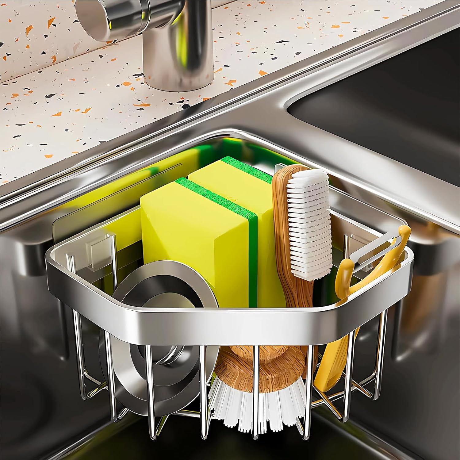 Kitchen Sink Organizer Corner Sponge Holder, Adhesive Stainless Steel ...