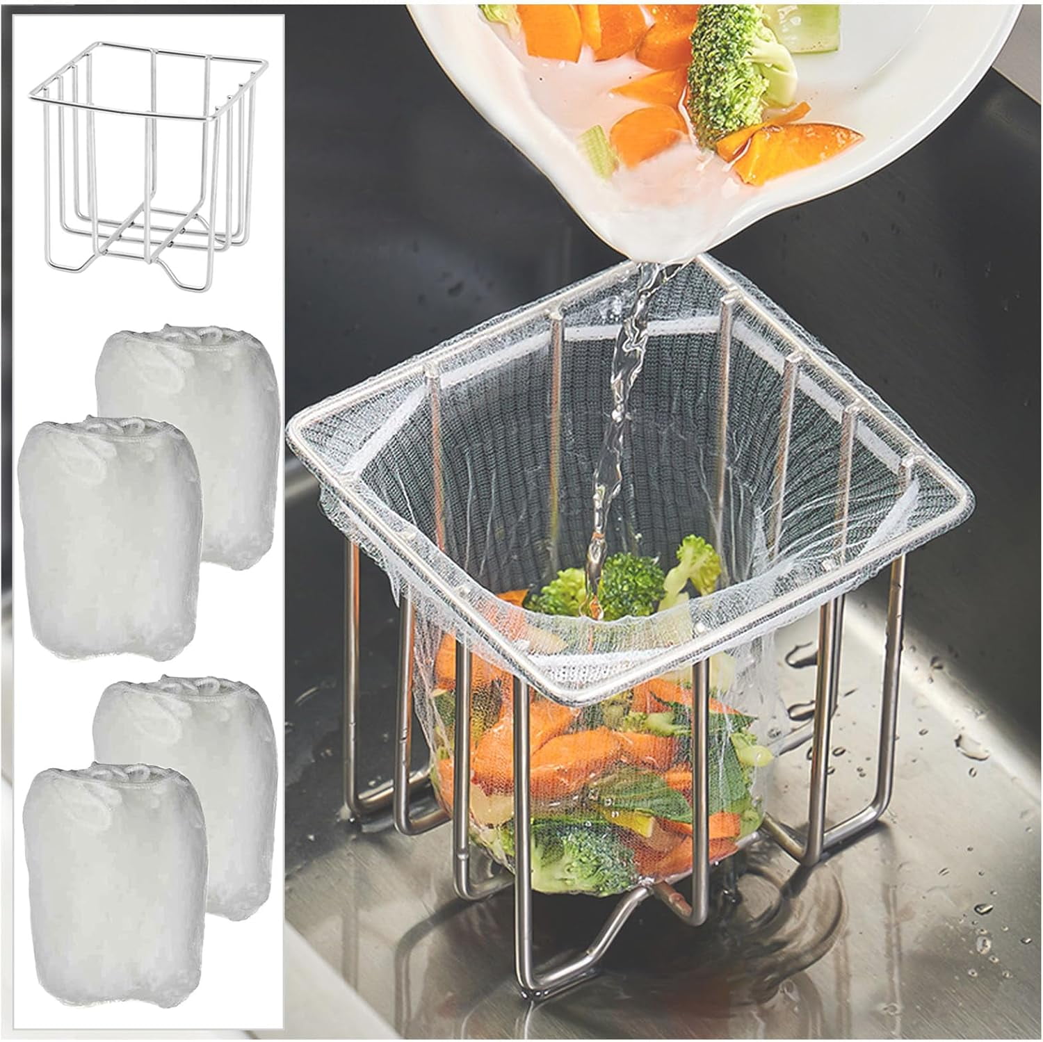 Kitchen Sink Strainer with Sink Basket Holder and 200 Strainer Net Bags ...