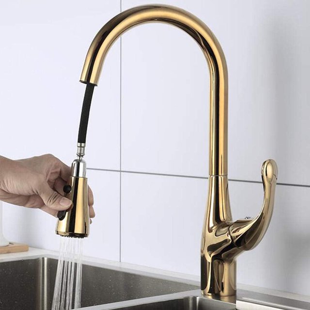 Kitchen Sink Tap with Pull Down Sprayer Gold Kitchen Taps Brass Hot and ...