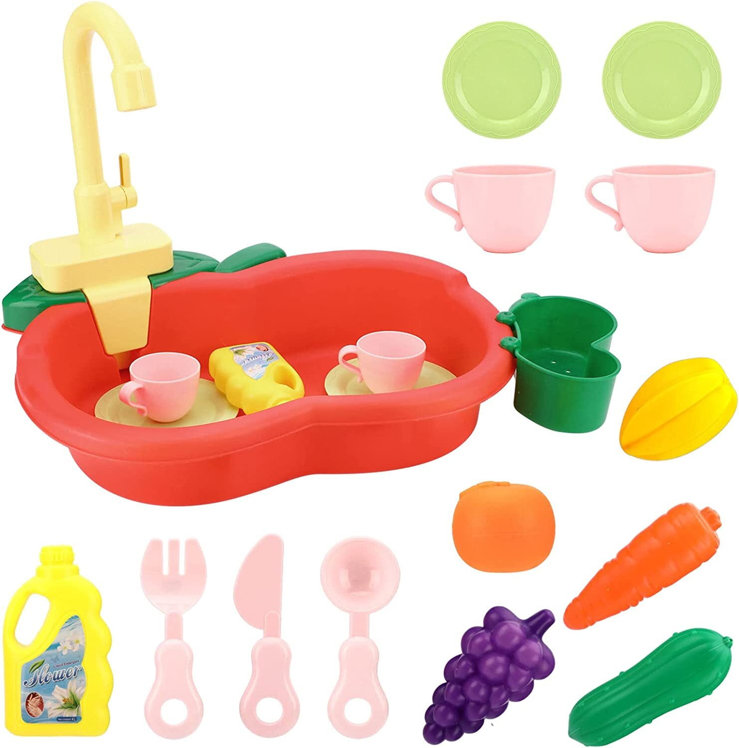 Welltop Kids Kitchen Sink Toy Set with Working Water Cycle, Pretend ...