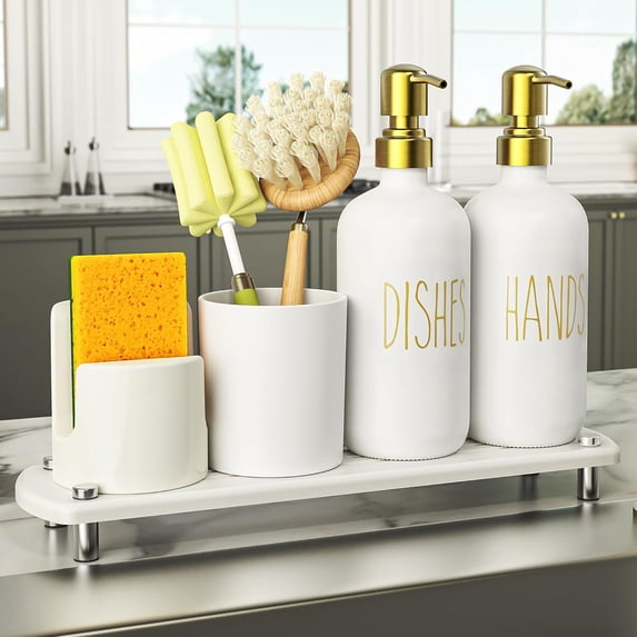Kitchen Soap Dispenser Set Comes with Ceramics Sponge Holder, Gold ...