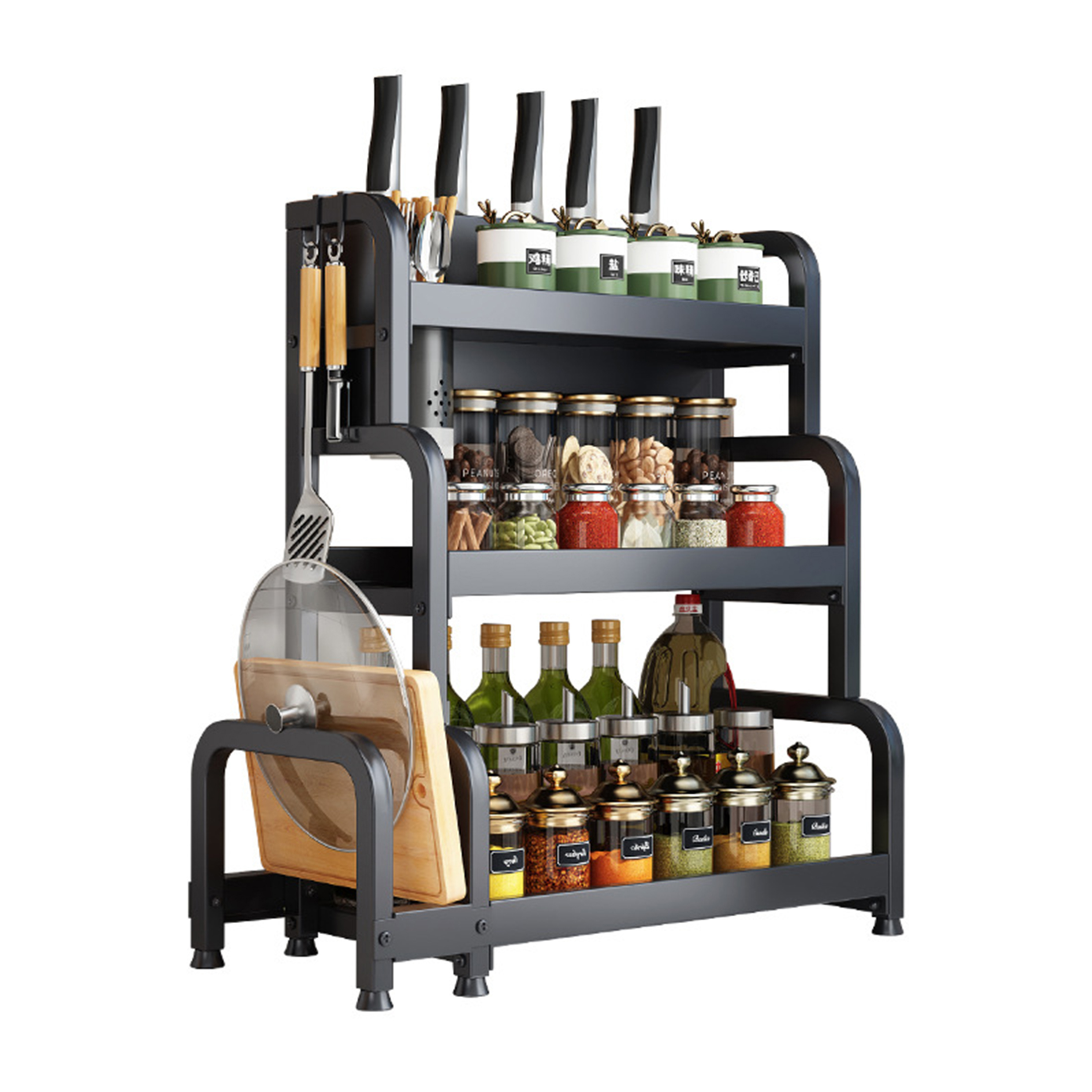 3 Tier Metal Kitchen Spice Rack Countertop Standing Corner Shelf- Black ...
