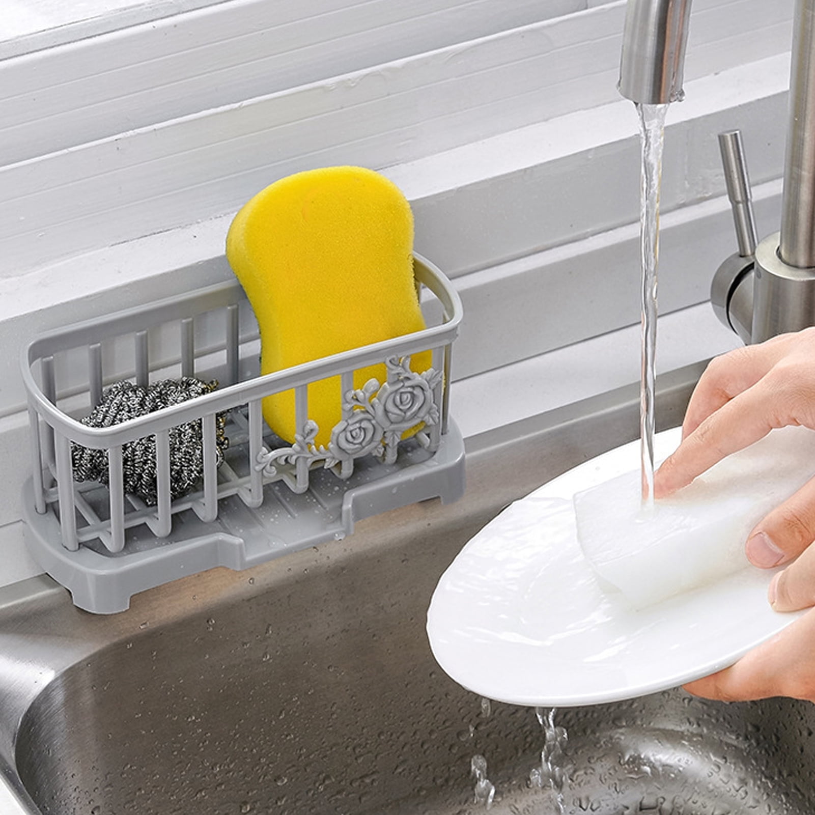 ZDWQFA Kitchen Sponge Holder, ABS Sink Caddy with Drain Tray and Soap ...