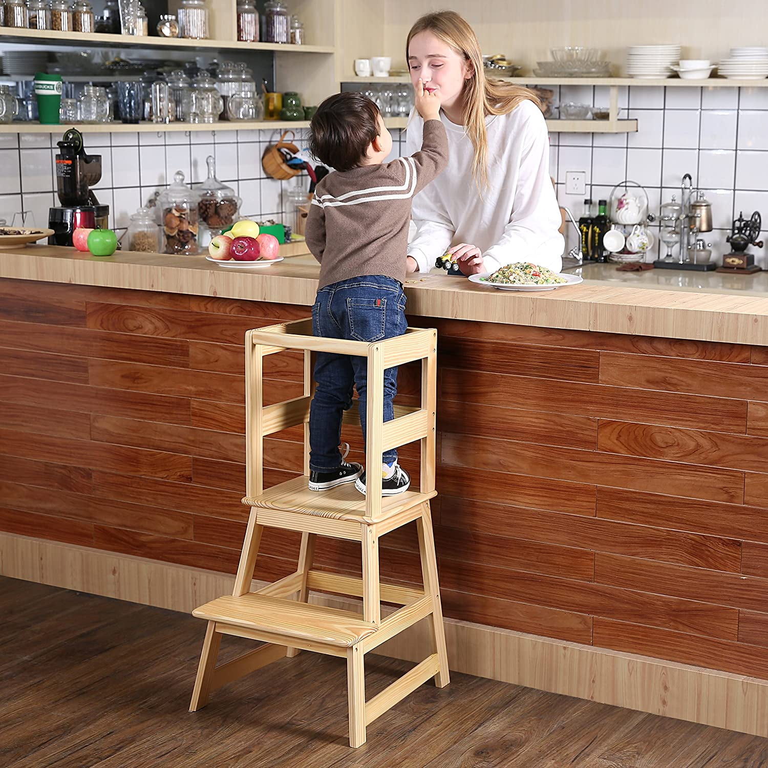Kitchen Step Stool, Wooden Step Stool for Kids 1-3 with Safety Rail for ...