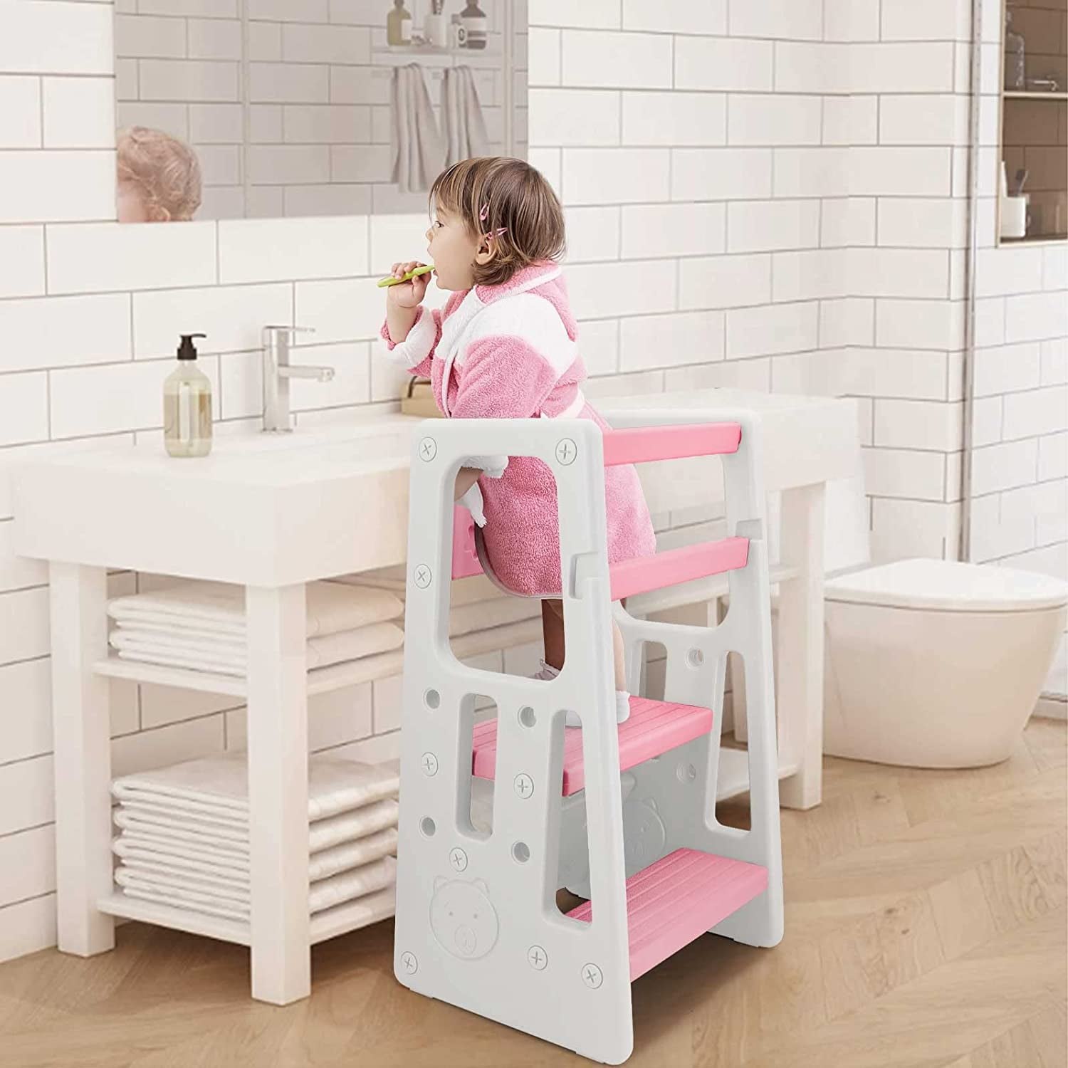 Kitchen Step Stool w/ 3 Adjustable Heights Toddler Standing Tower Kids ...