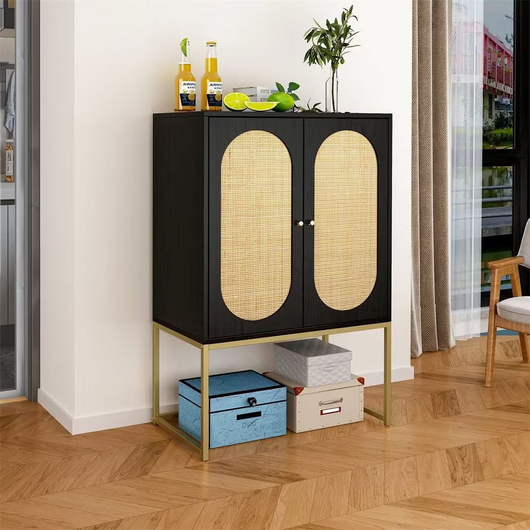 Kitchen Storage Cabinet with 2 Rattan Doors, Free Standing Sideboard ...
