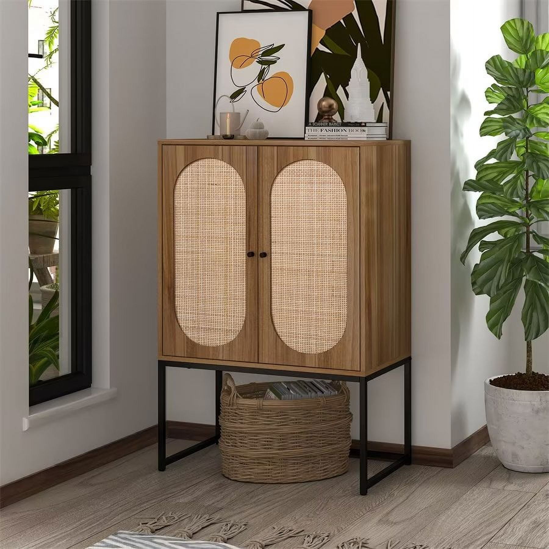 Kitchen Storage Cabinet with 2 Rattan Doors, Free Standing Sideboard ...