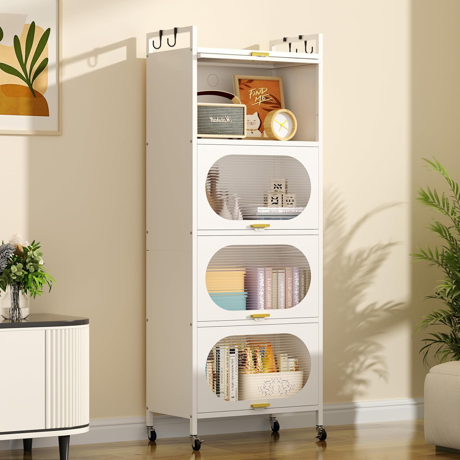 Kitchen Storage Cabinet with 4 Translucent Upward Flip PC Doors, Metal ...