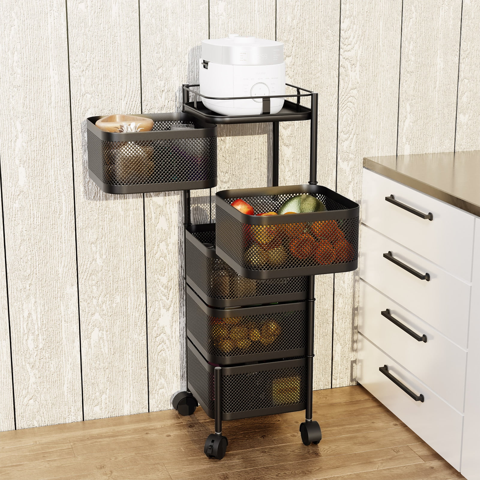 Kitchen Storage Cart, 5-Layer Kitchen Trolley on Wheels, Rotating ...