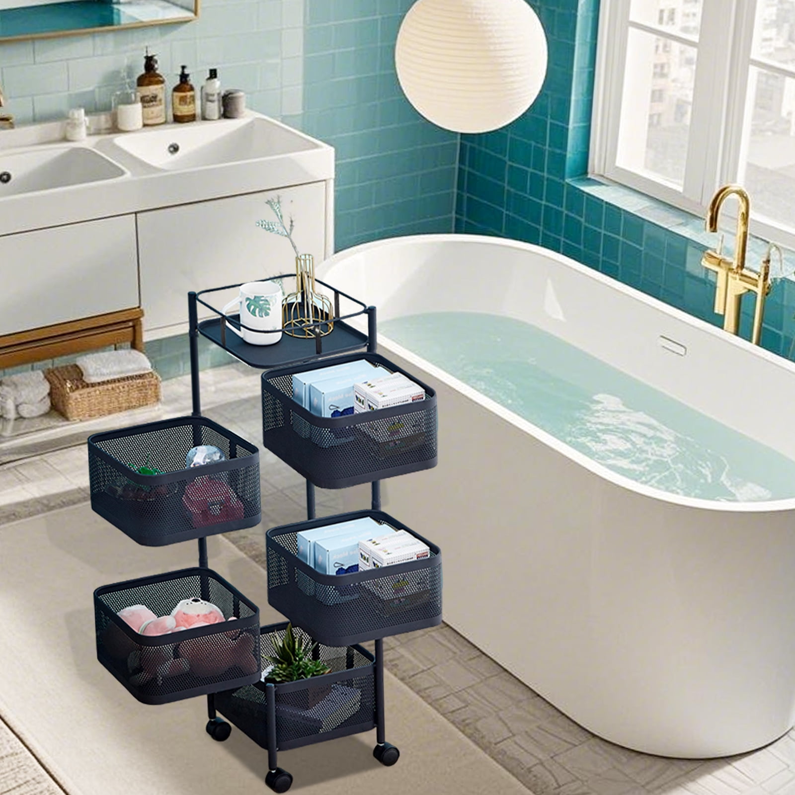 Kitchen Storage Cart, 5-Tier Fruit and Vegetable Basket Rotating ...